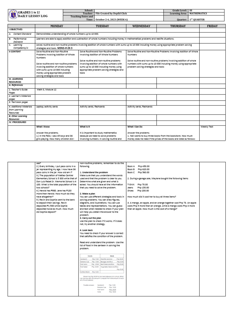 DLL Mathematics 3 q1 w6 | PDF | Learning | Flashcard