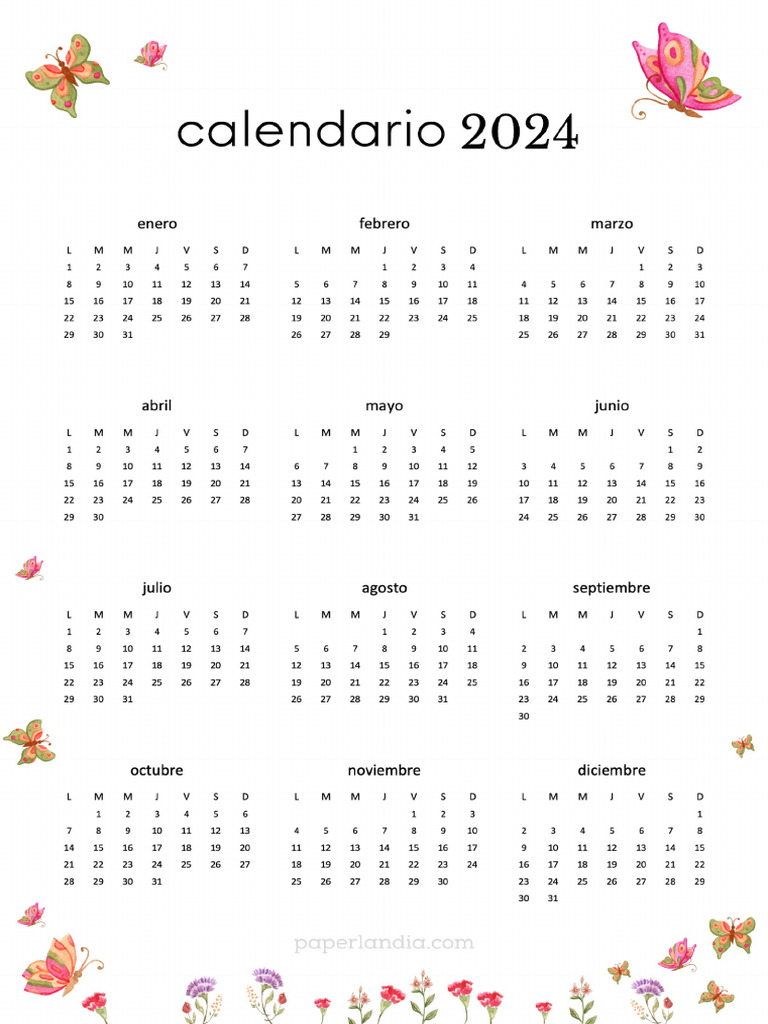 Calendario Anual 2024 Vertical Con Mariposas y Flores | PDF