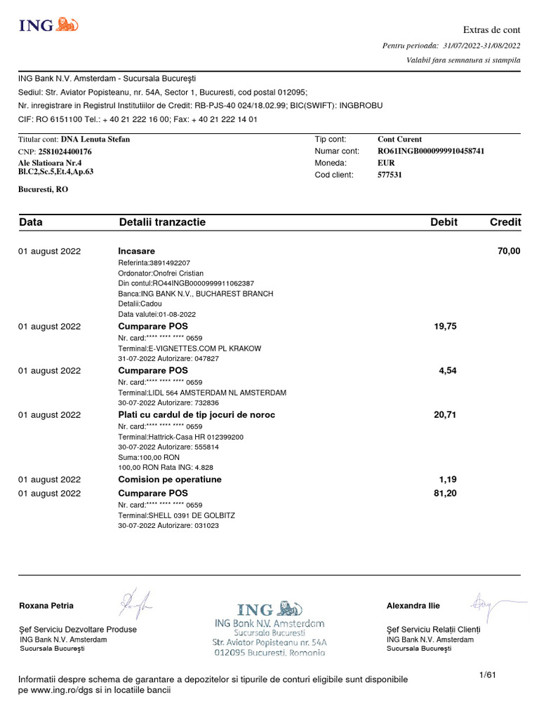 ING Bank - Extras de Cont August - 2022 - RO61INGB0000999910458741 ...