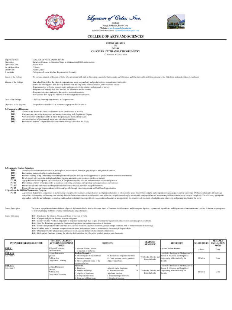 Syllabus Calculus 1 With Analytic Geometry | Download Free PDF ...