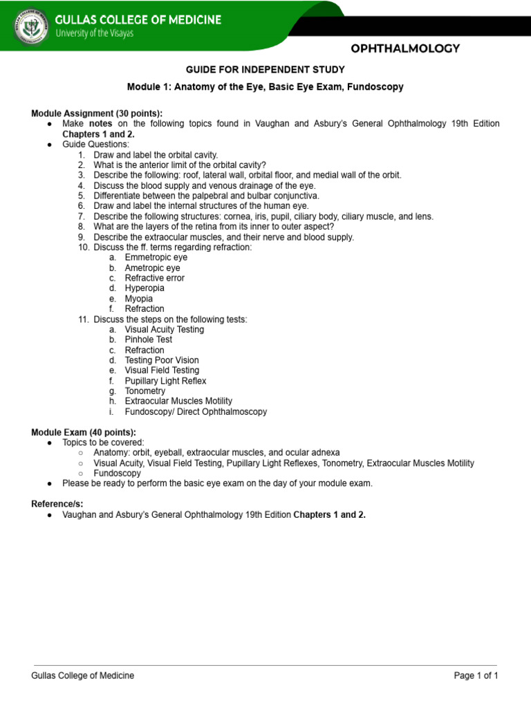 Ophthalmology Module 1 - Guide For Independent Study | PDF