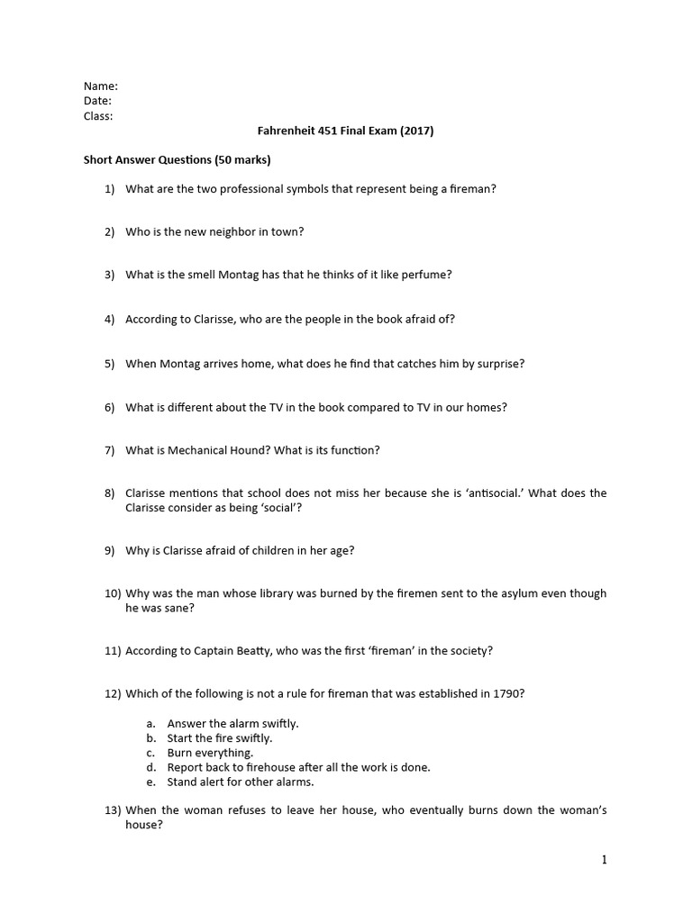 Fahrenheit 451 Final Exam | PDF