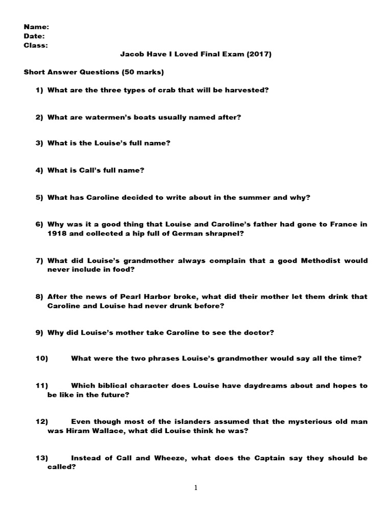 Jacob Have I Loved Final Exam (2017) | PDF