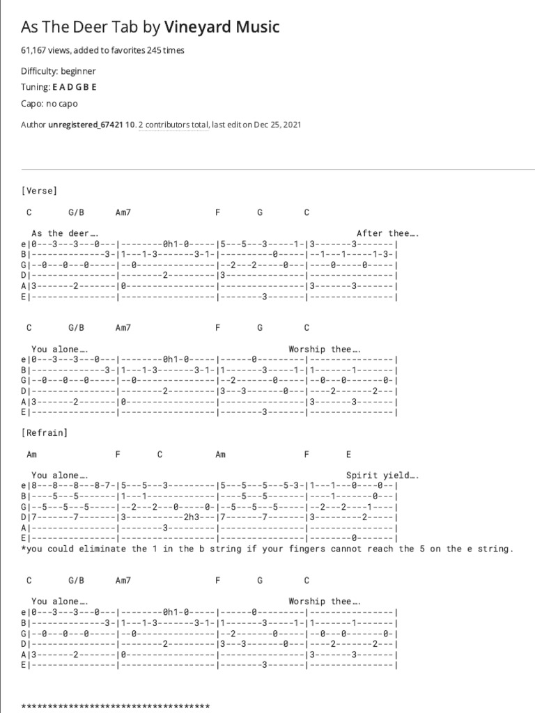 AS THE DEER TAB by Vineyard Music @ | PDF | Guitar Family Instruments ...