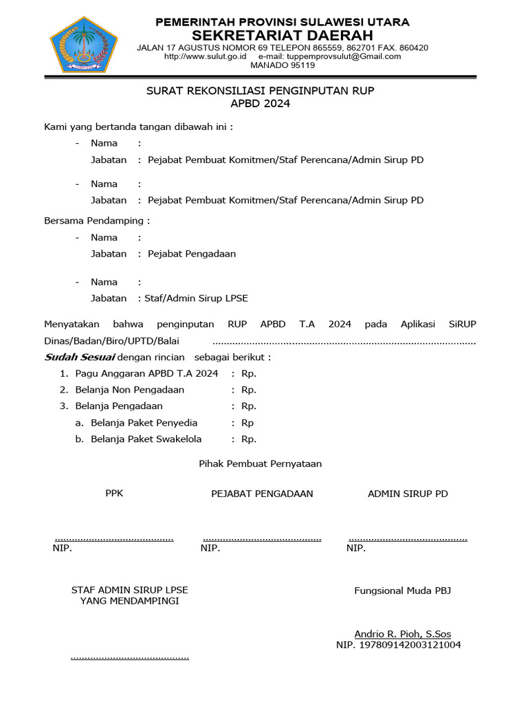 Surat Rekonsiliasi Input RUP 2024 | PDF