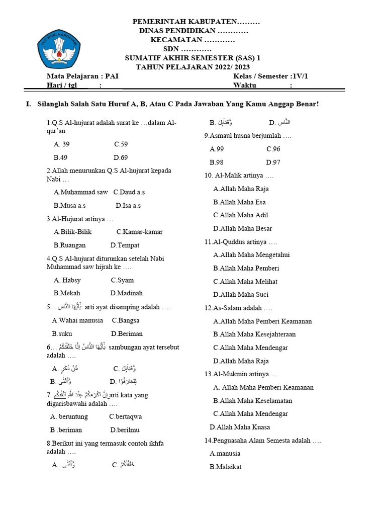 Soal PAI Kelas IV Semester 1 | PDF