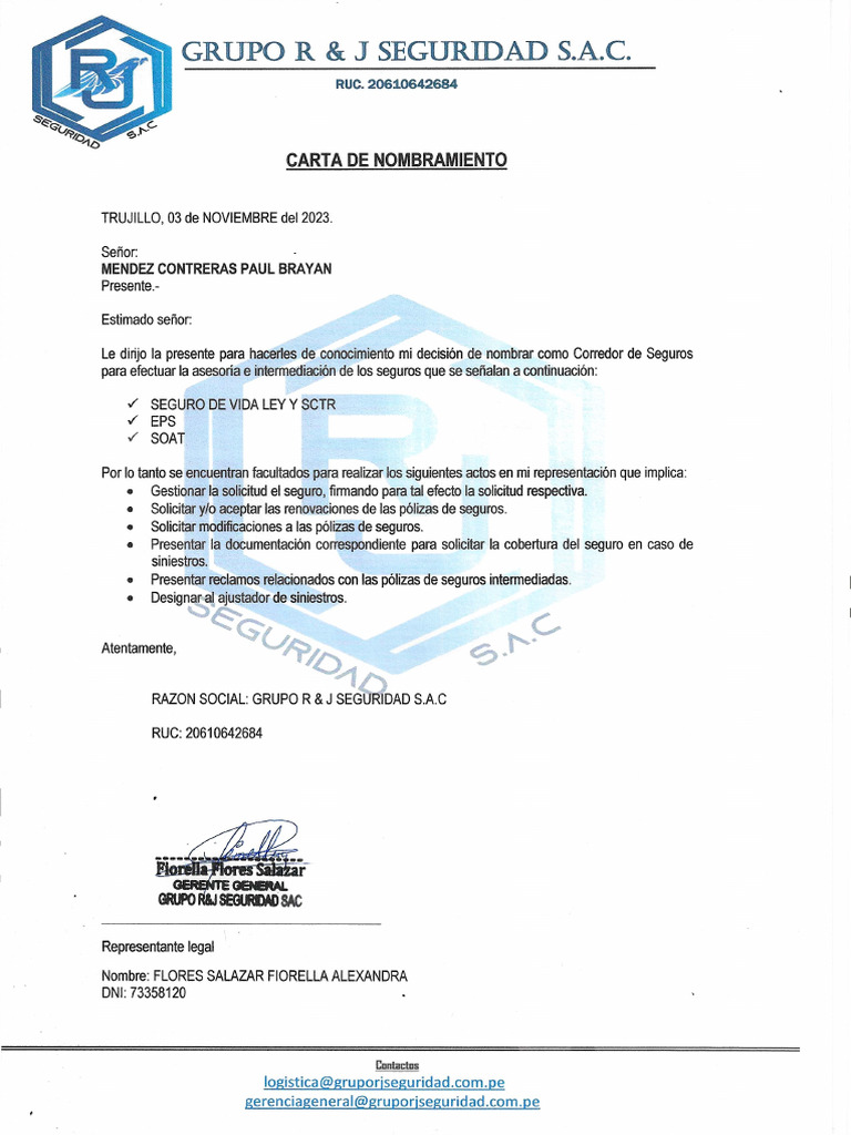 Carta de Nombramiento Grupo r&j | PDF