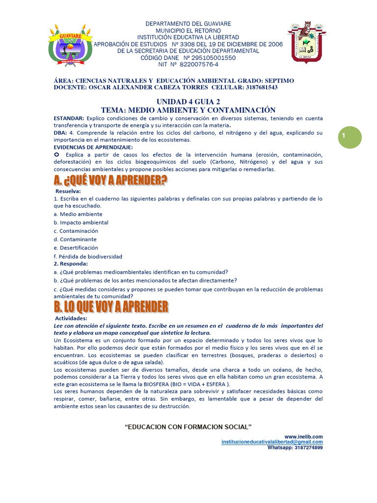 Guia 2 Unidad 4 Tema Medio Ambiente y Contaminacióngrado Septimo | PDF ...