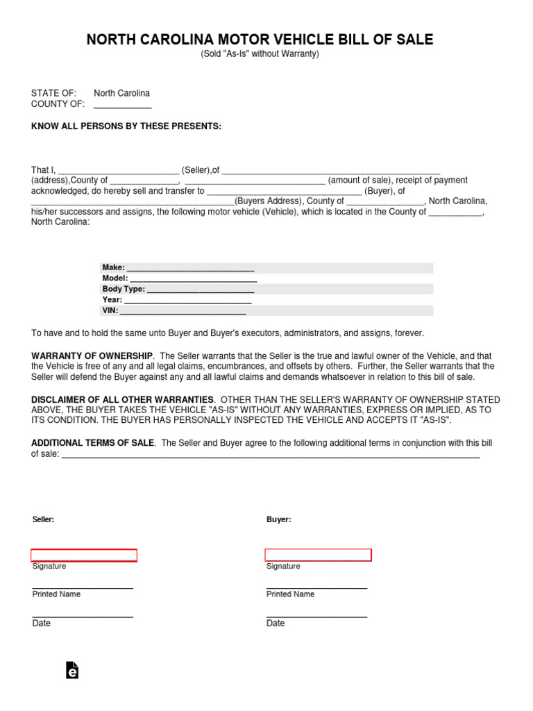North Carolina Motor Vehicle Bill of Sale Form | PDF | Law Of ...