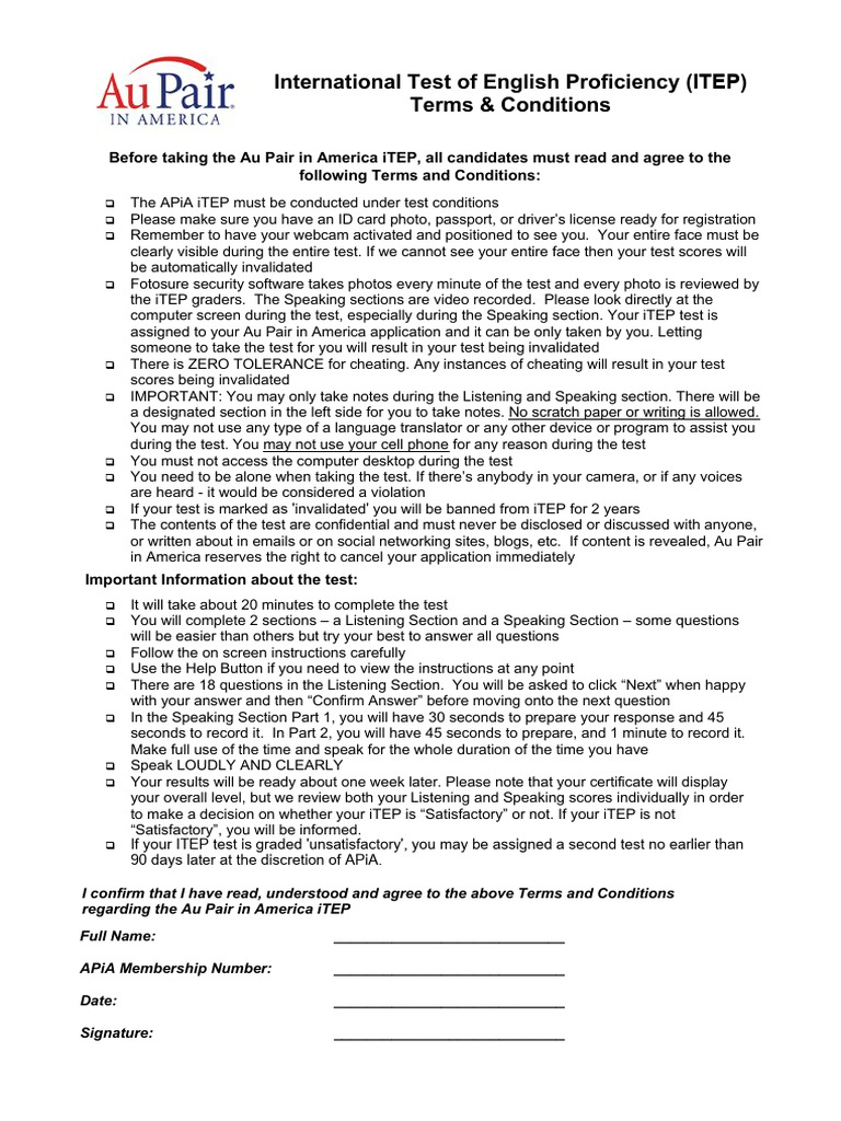 Términos y Condiciones para La Presentacion Del Examen Itep Test | PDF ...