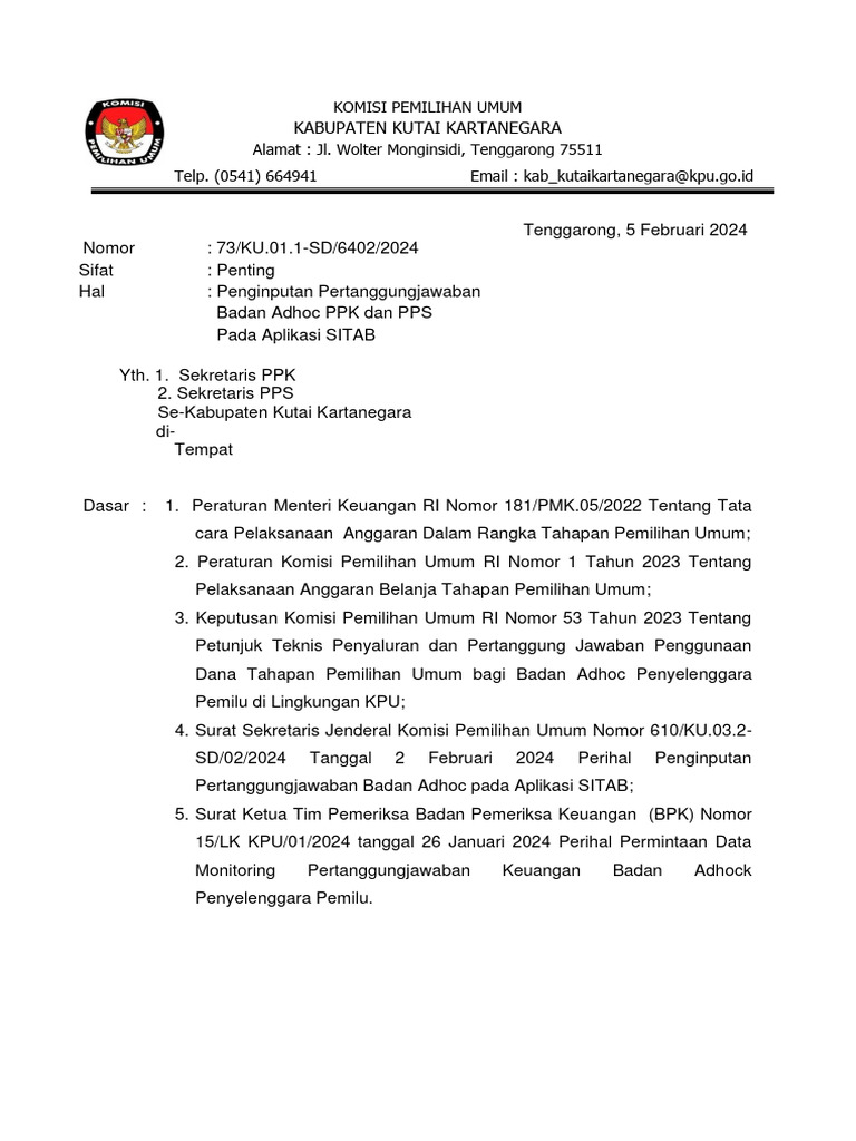 SRT Sekretaris KPU Kukar Ke PPK PPS Review Laporan PertanggungJawaban Anggaran Adhoc Pada ...