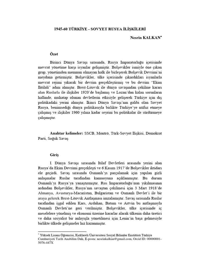 1945 60 Turkiye Sovyet Rusya Iliskileri | PDF