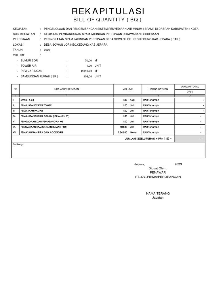 Pembangunan SPAM Desa Sowan Lor Jepara | PDF