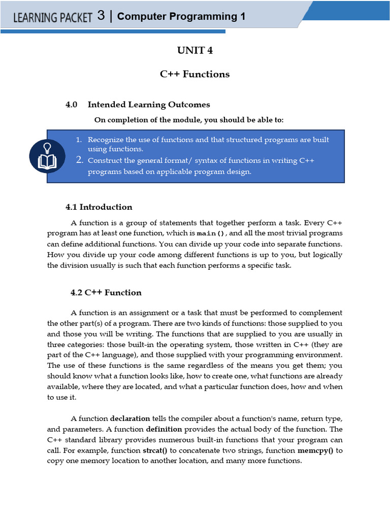 Lp3 Unit 4 C Functions Pdf Parameter Computer Programming 7104