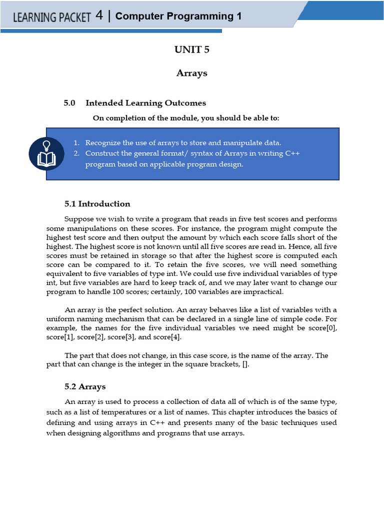LP4 - Unit 5 - C++ Arrays | PDF | Integer (Computer Science) | Programming
