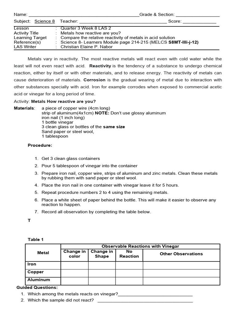Q3 - Science8 - Week 8 LAS 2 | PDF | Metals | Reactivity (Chemistry) Q3 - Science8 - Week 8 LAS 2 | PDF | Metals | Reactivity (Chemistry)