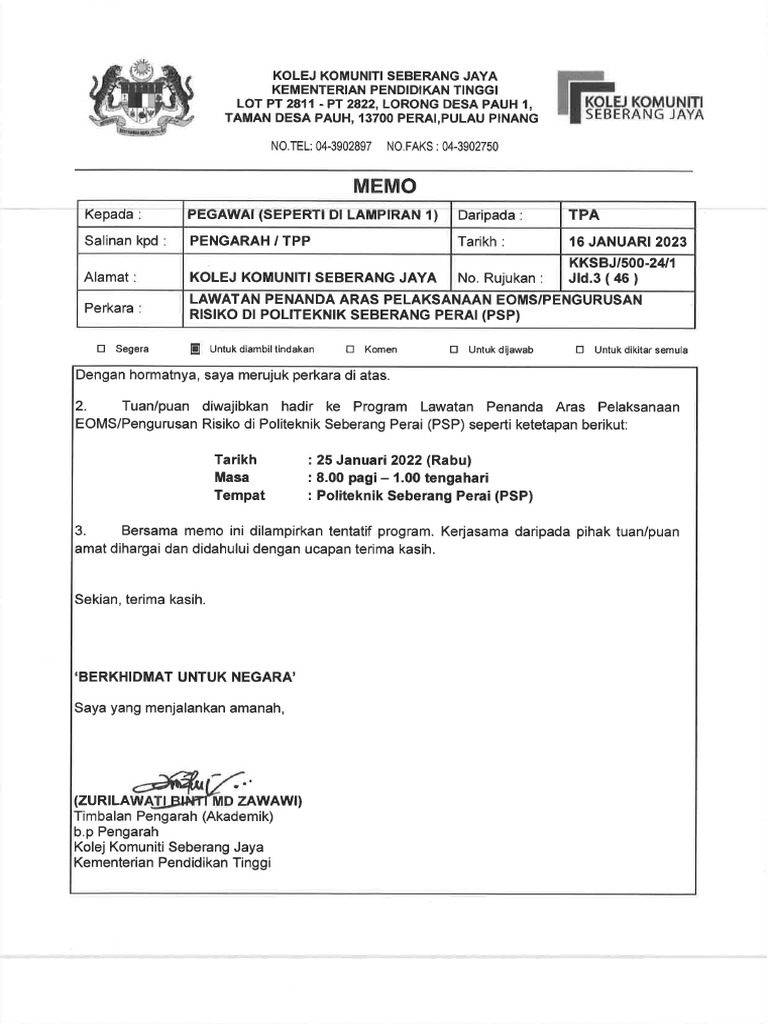 Memo Lawatan Eoms - Pengurusan Risiko - PSP 2023 | PDF
