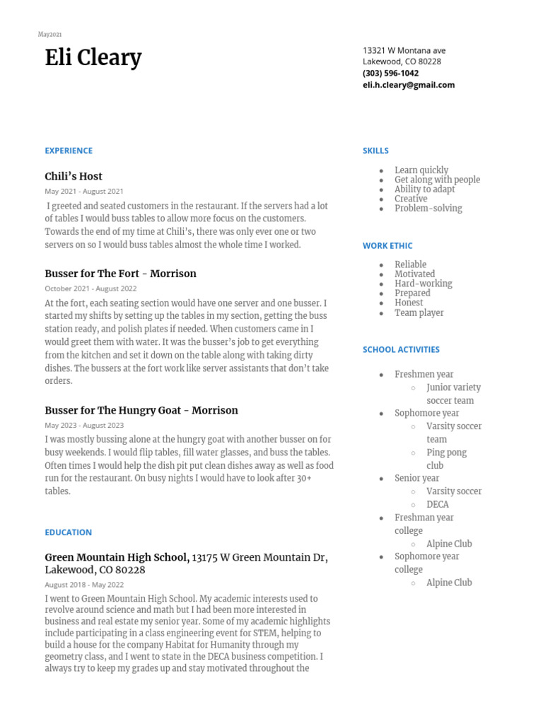 Eli Cleary Resume | Download Free PDF | Waiting Staff