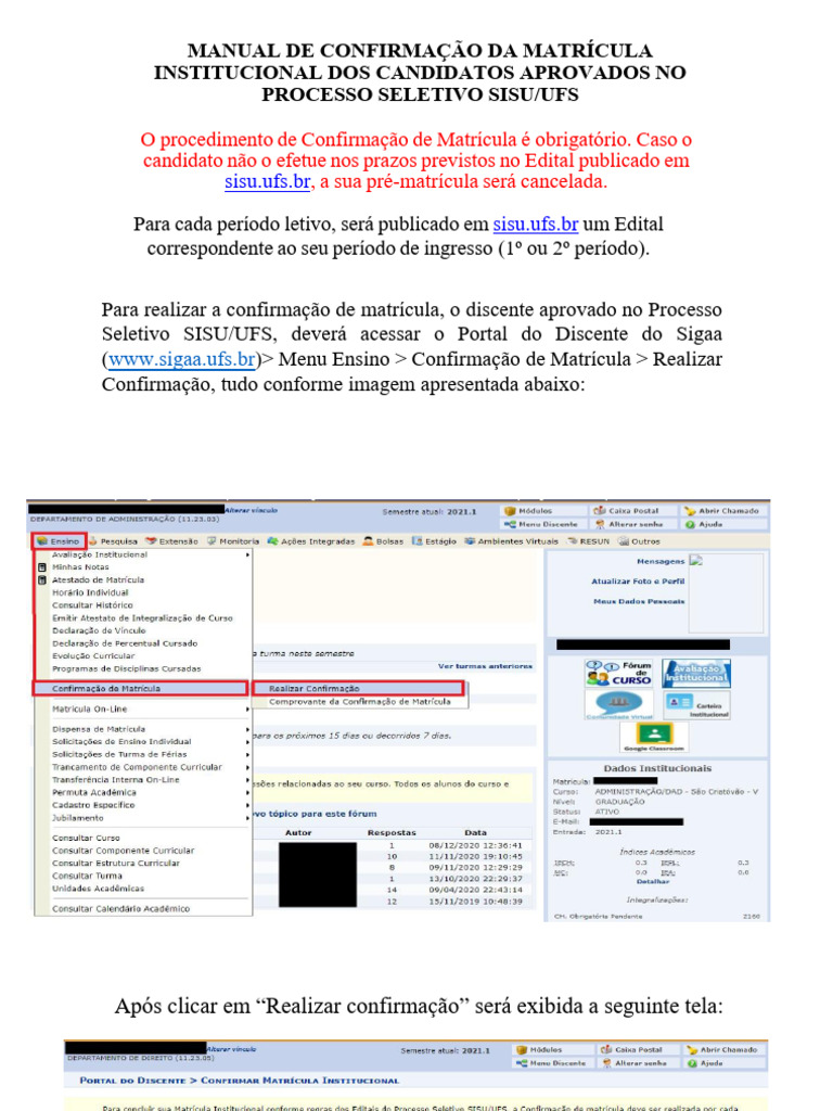 Manual de Confirma o Da Matr Cula Institucional Sisu Ufs em 22-05-2023 | PDF