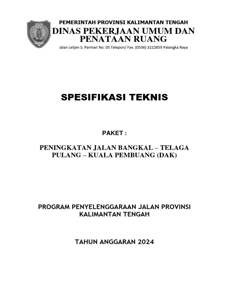 Spesifikasi Teknis PNK Jalan Bangkal Tlg. Pulang K. Pembuang DAK | PDF