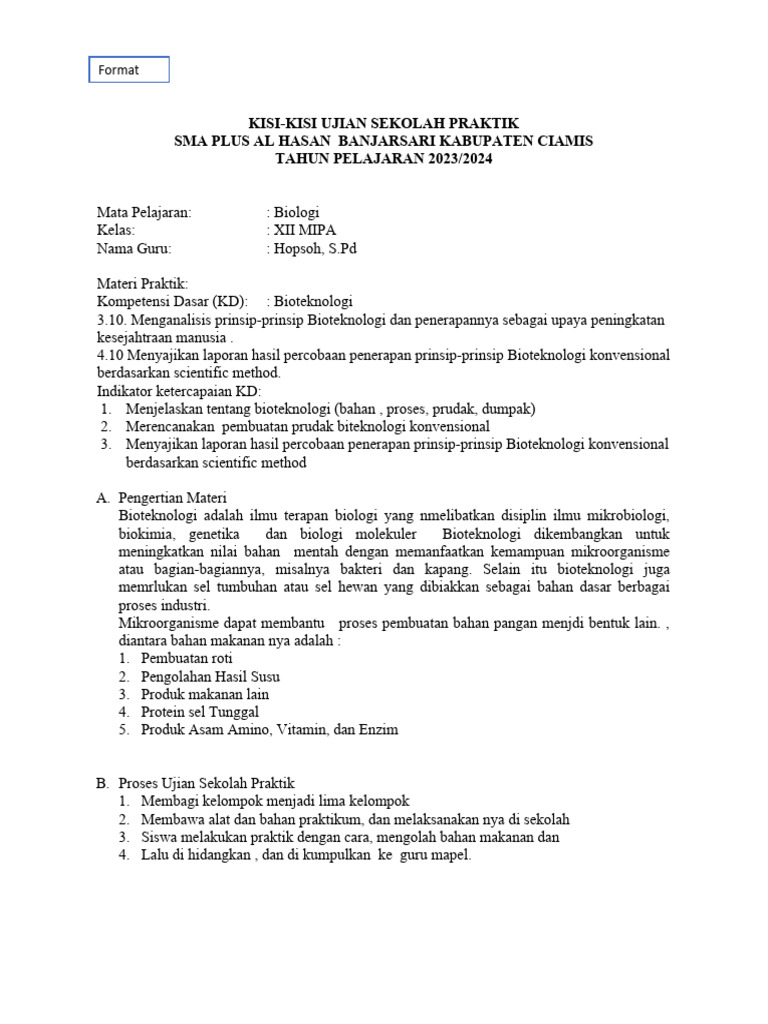 Kisi-Kisi Us Praktik Biologi 2024 | PDF