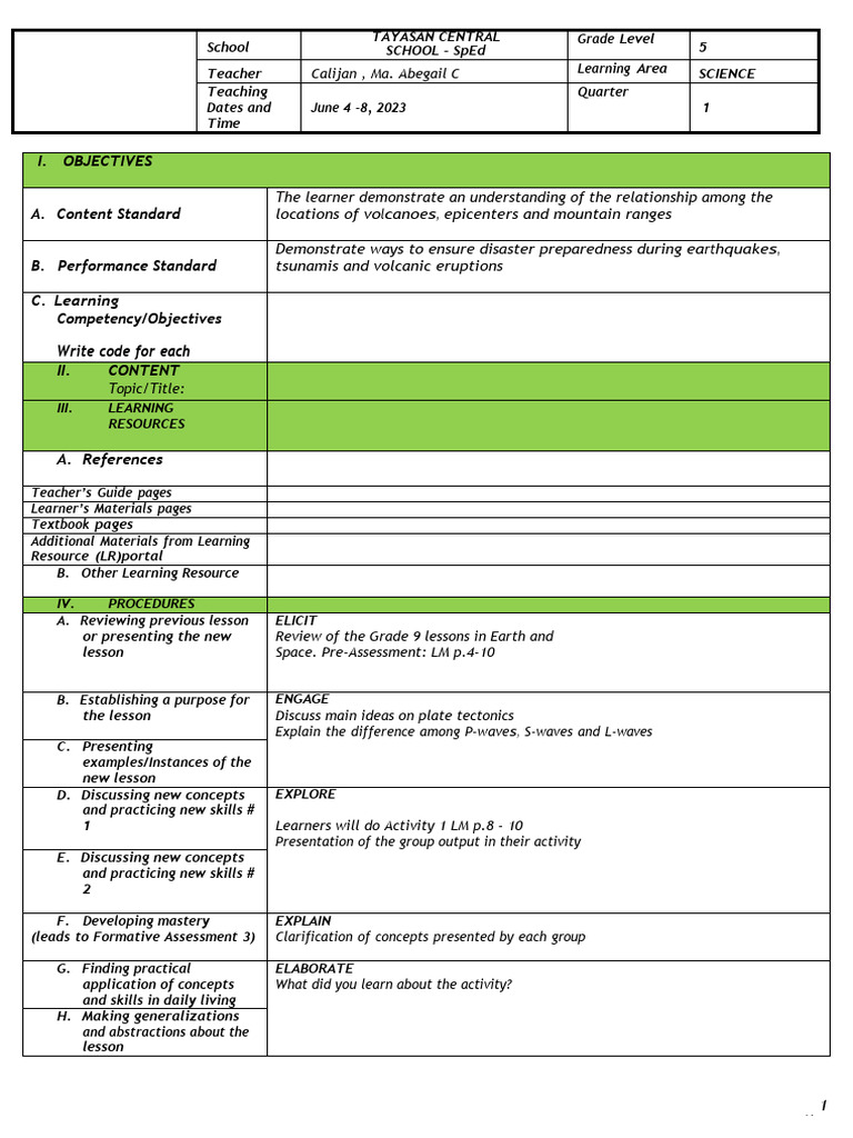 7E Science Lesson Plan Sample | PDF | Learning | Cognitive Science