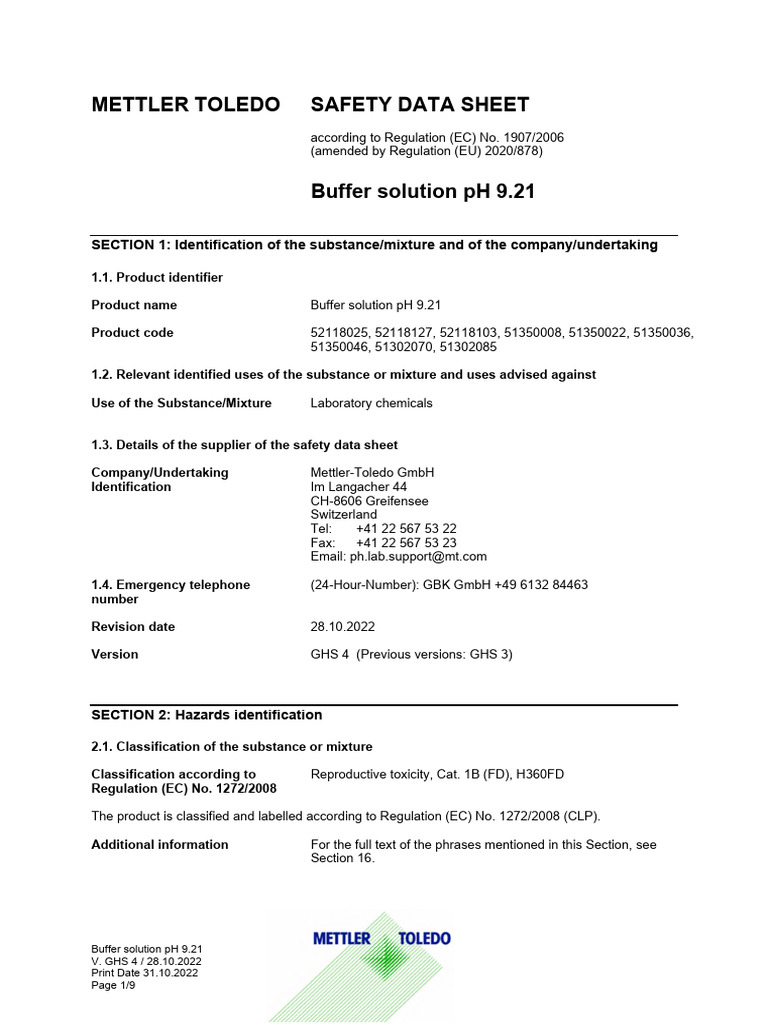 SDS ANA Buffer Solution PH 9 21 en 22121512 | PDF | Environmental Science | Labor Relations