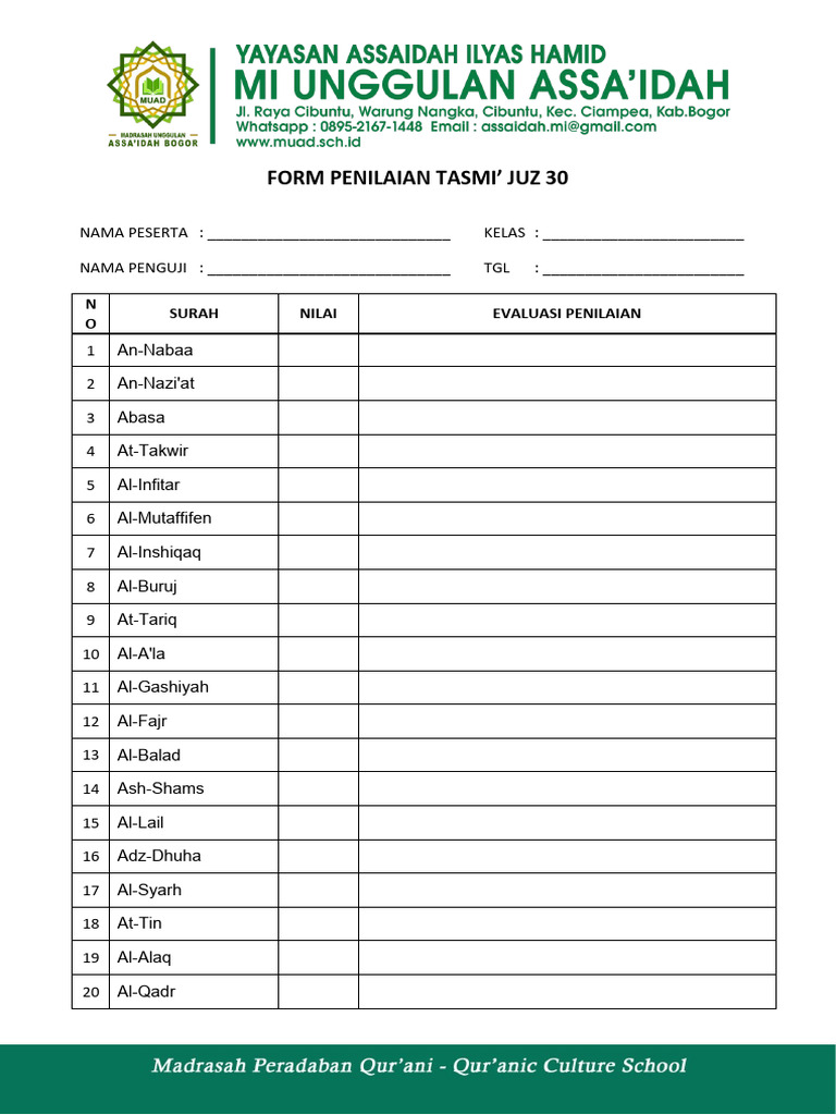Form Penilaian Tasmi Juz 30 | PDF