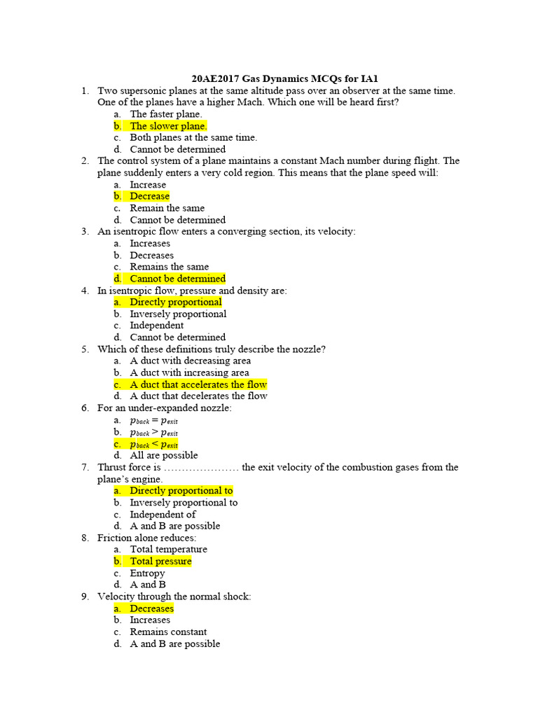 Gas Dynamics MCQs | PDF | Compressible Flow | Mach Number