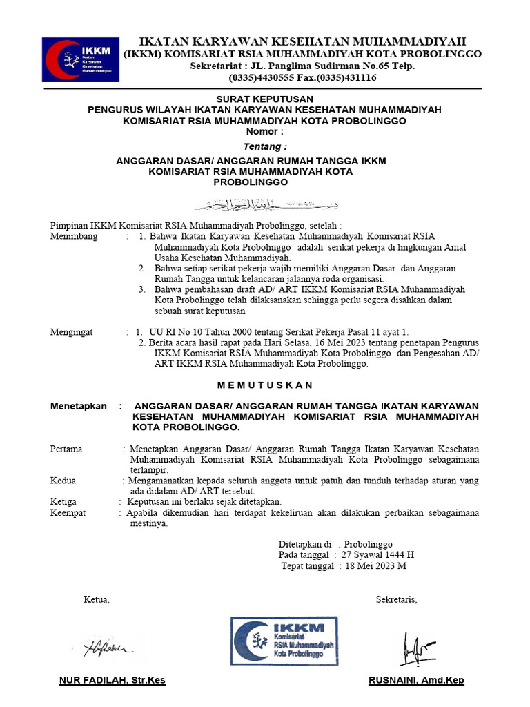 AD ART IKKM JAWA TIMUR, Disnaker Prov, SK | PDF