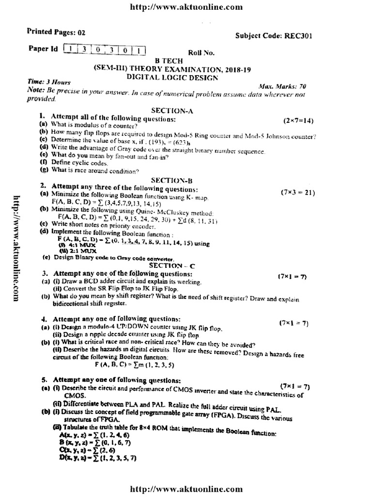 Btech Ec 3 Sem Digital Logic Design Rec 301 2018 19 | PDF