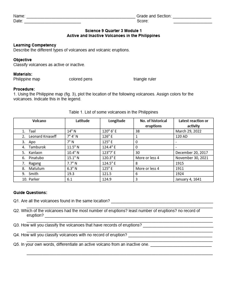 Volcano Activity-Sheet1 | PDF | Volcano | Types Of Volcanic Eruptions