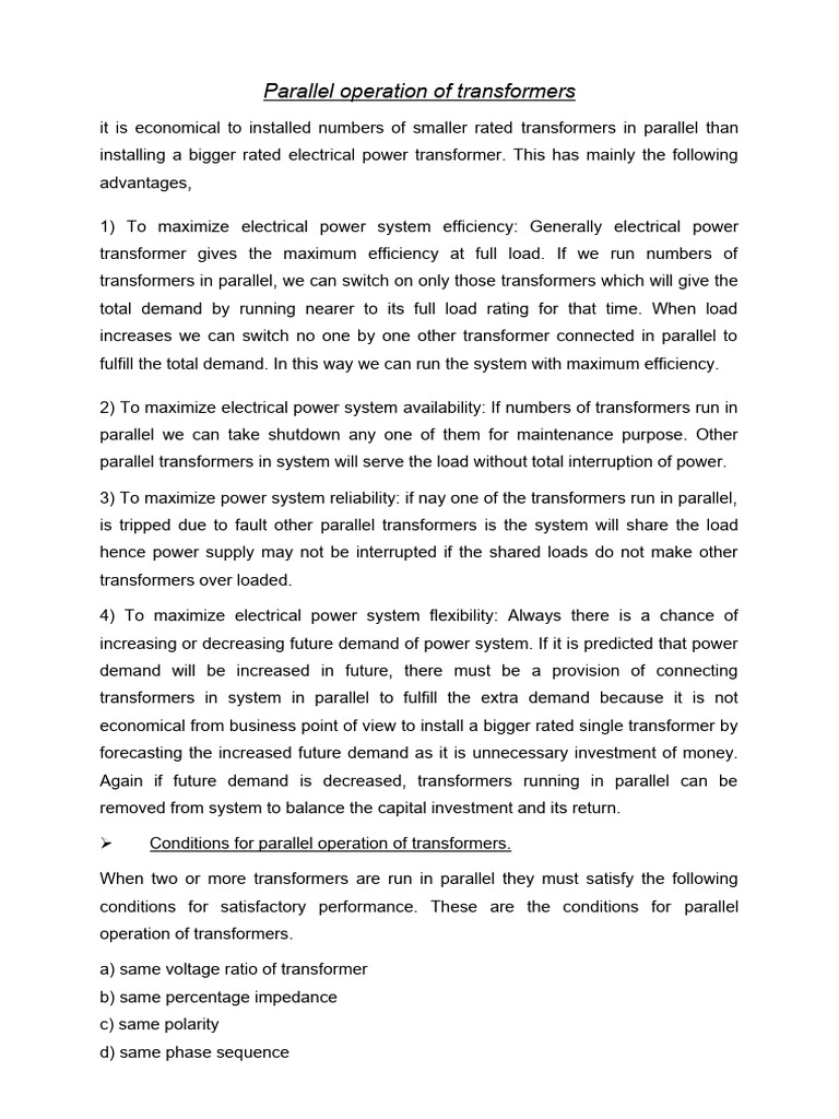 Parallel Operation of Transformers | PDF | Transformer | Electrical Impedance