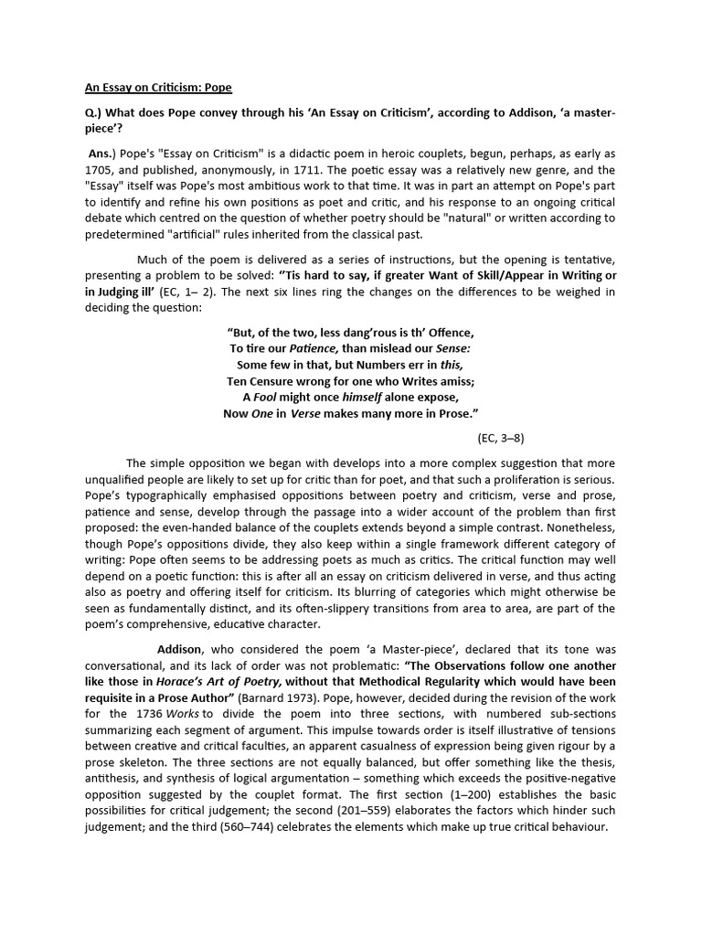 An Essay On Criticism | PDF | Poetry | Nous