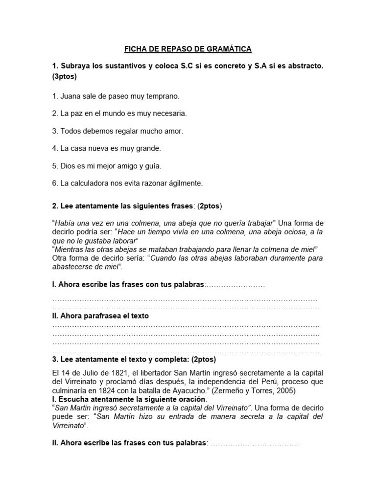 Ficha de Repaso de Gramática 1 de Mayo de 2023 | PDF