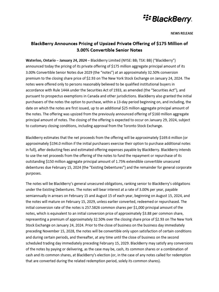 Blackberry Announces Pricing of Upsized Private Offering of 175 Million ...