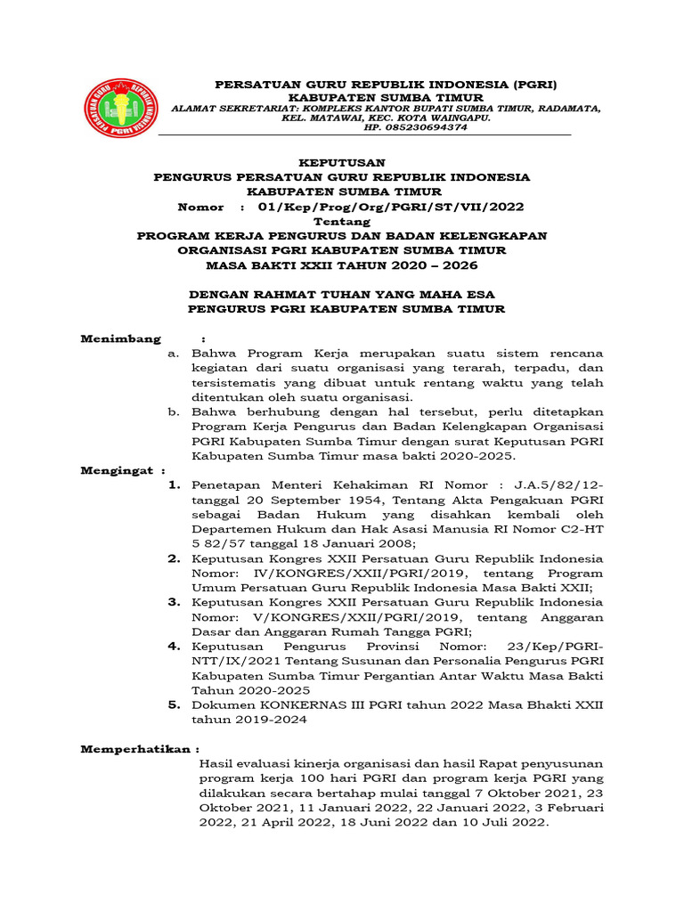 Program Kerja PGRI Sumba Timur | PDF