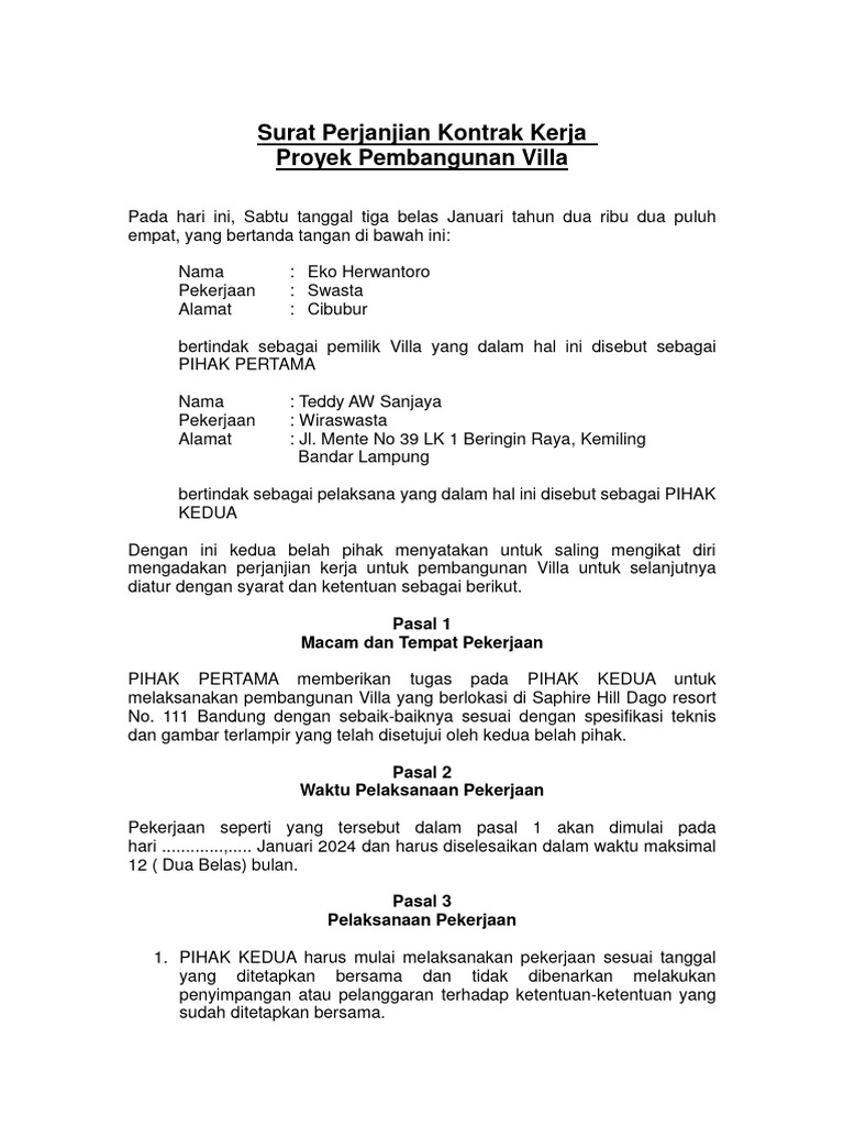 Surat Perjanjian Kontrak Kerja Villa Dago Resort | PDF