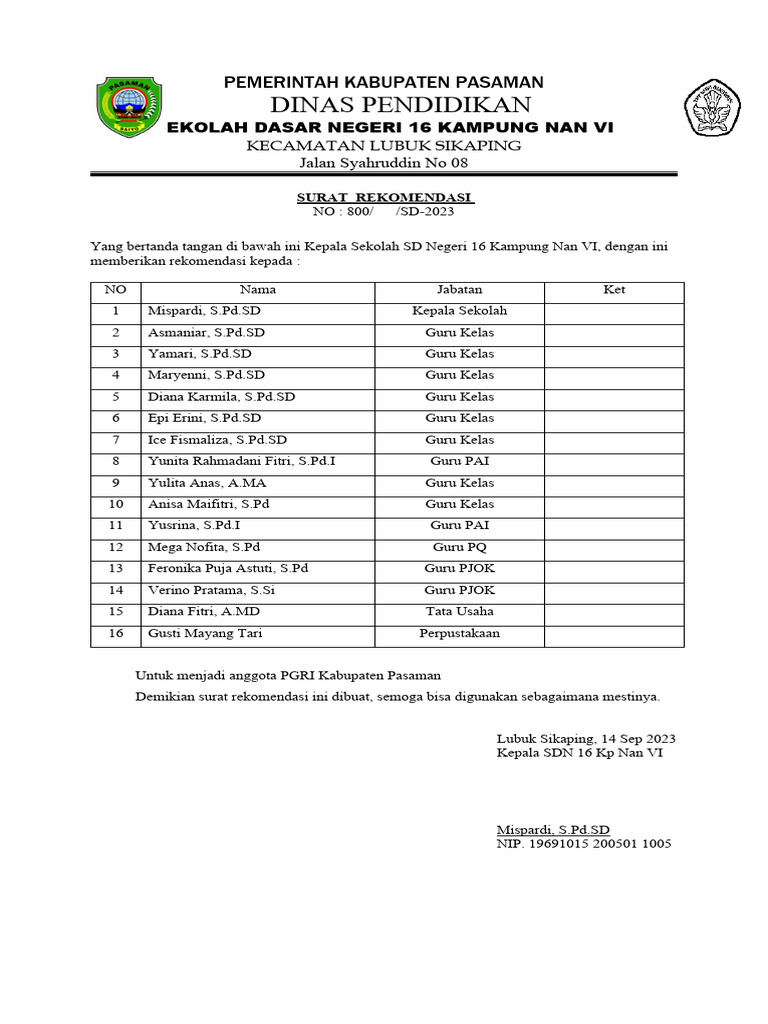 Rekomendasi Anggota PGRI Pasaman | PDF