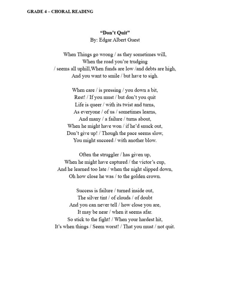 Grade 4 Choral Reading: "Don't Quit" | PDF