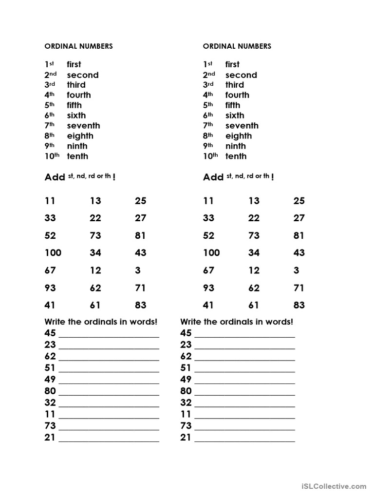 Ordinal Numbers List & Practice | PDF