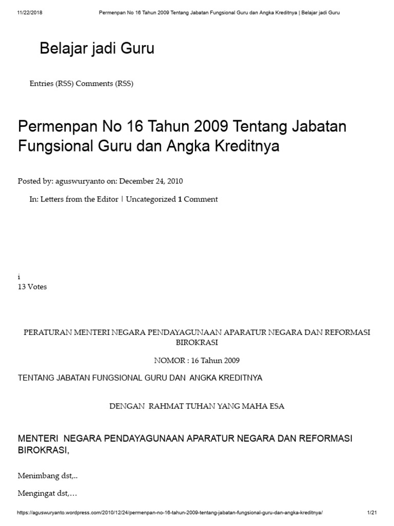 Permenpan No 16 Tahun 2009 Tentang Jabatan Fungsional Guru Dan Angka ... Permenpan No 16 Tahun 2009 Tentang Jabatan Fungsional Guru Dan Angka ...
