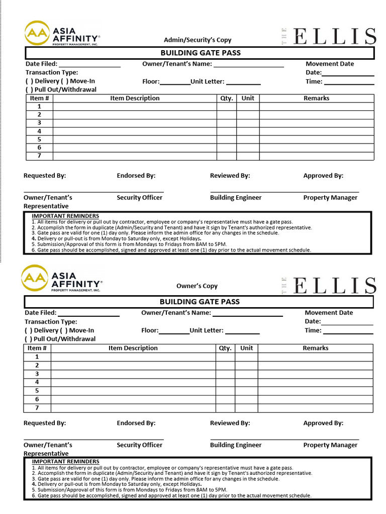 The Ellis Building Gate Pass Form | PDF