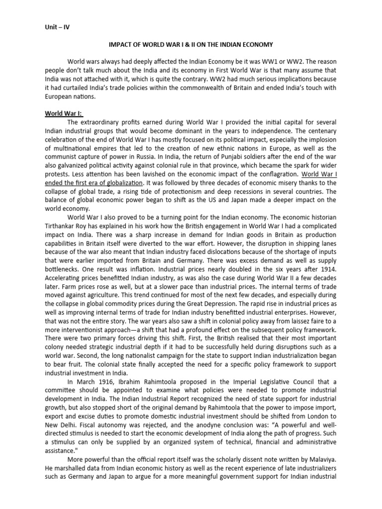 Unit IV - Impact of World War I & II On The Indian Economy | PDF | Cost ...