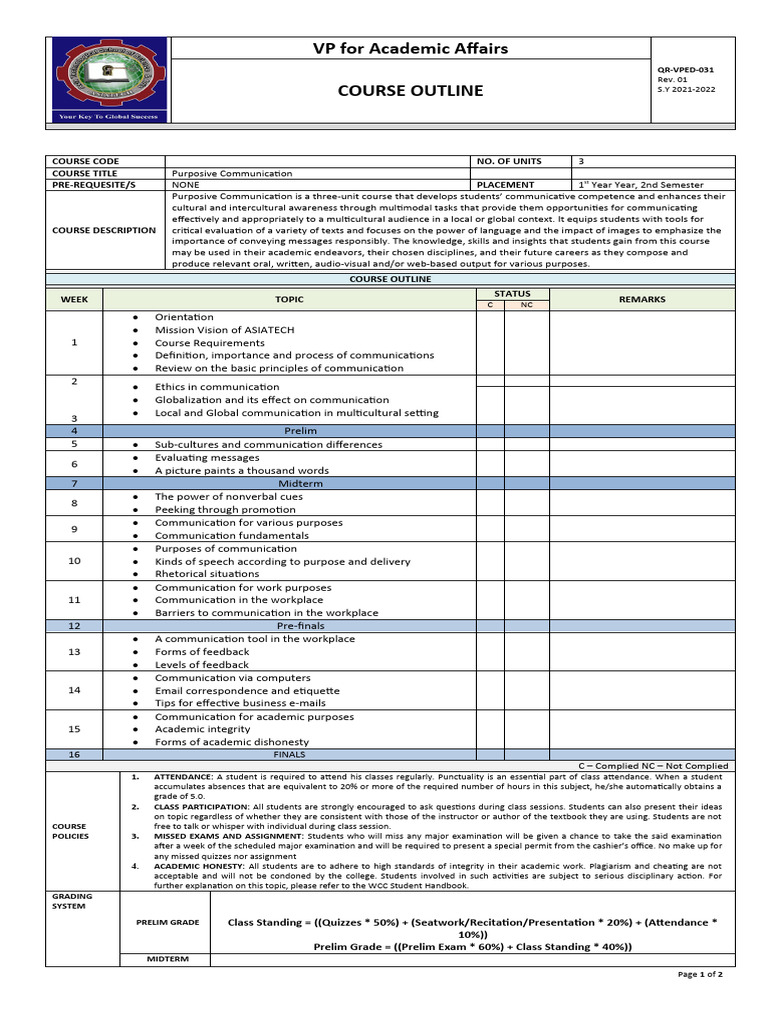 Purposive Communication Course Outline | PDF | Communication | Academic ...