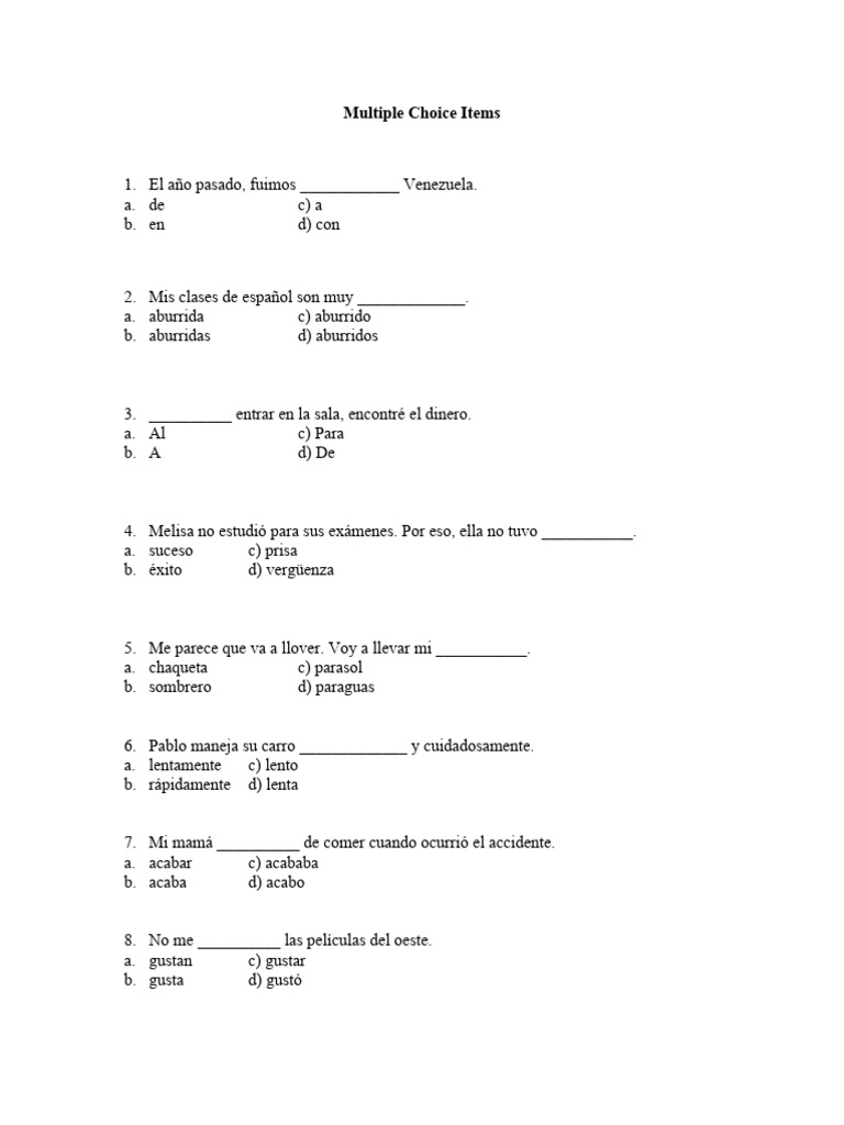 CSEC SPANISH MULTIPLE CHOICE PRACTICE | PDF