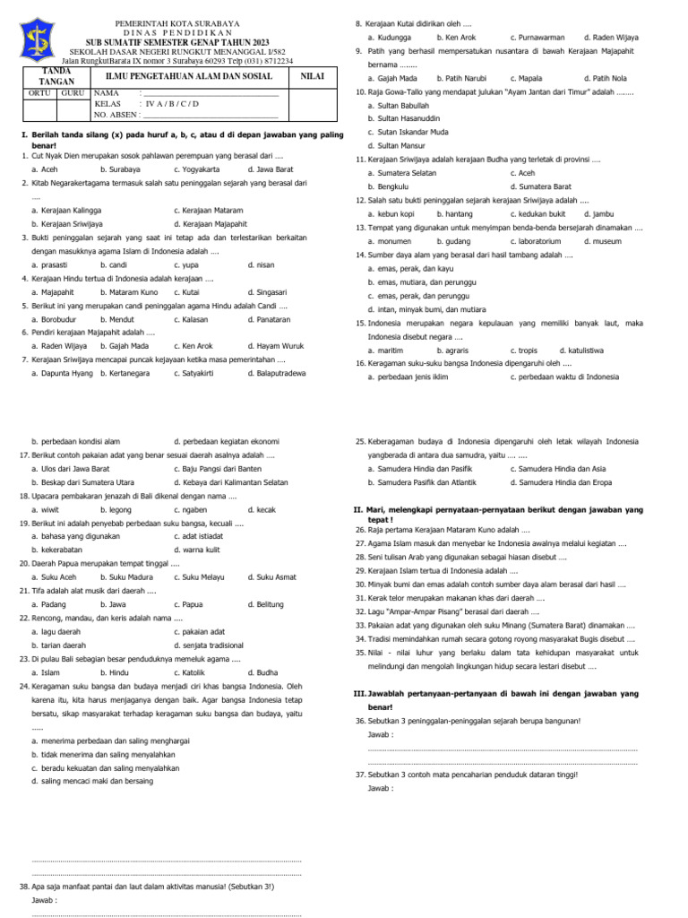 Soal Penilaian Sub Sumatif Semester II IPAS Kelas 4 2022-2023 | PDF