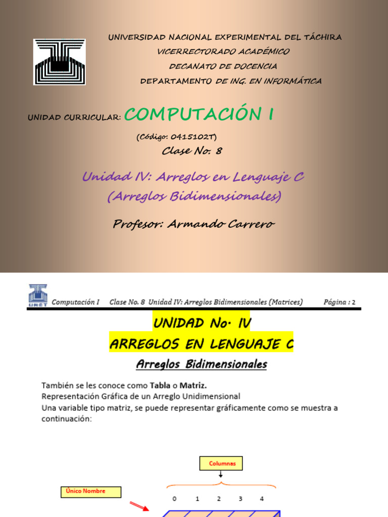 Clase No. 8. Unidad IV Arreglos Bidimensionales (Matrices) | PDF ...