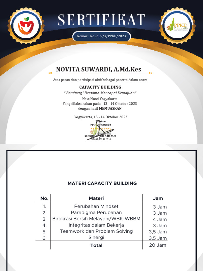 Sertifikat Capacity Building V 2023 Novita Suwardi, A.md - Kes | PDF