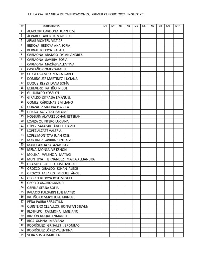 Calificaciones Inglés 7C 2024 | PDF